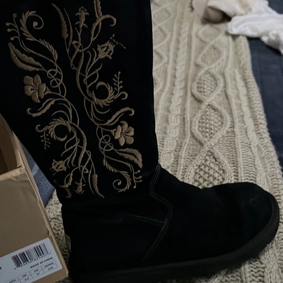 UGG | Shoes | Ugg Tall Black Boots With Tan Embroidery | Poshmark